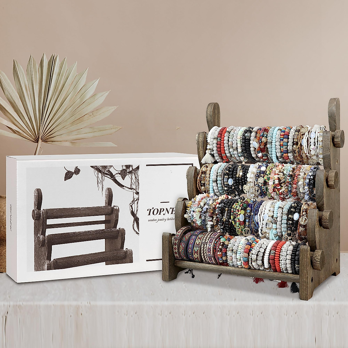 TOPNEW 4 Tier Wooden Bracelet Holder, Bangle Watch Necklace Display Storage Jewelry Holder Stand Display Organizer, Brown 4 Tier Wooden Bracelet Holder