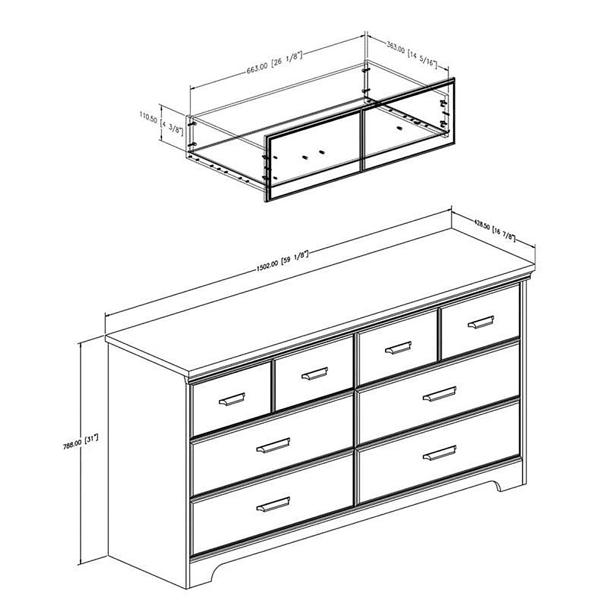 Home Square 3 Piece Modern Bedroom Furniture Set - 8 Drawer Bedroom Dresser/Small Nightstand with Drawers - Set of 2 / Distressed Grey Oak