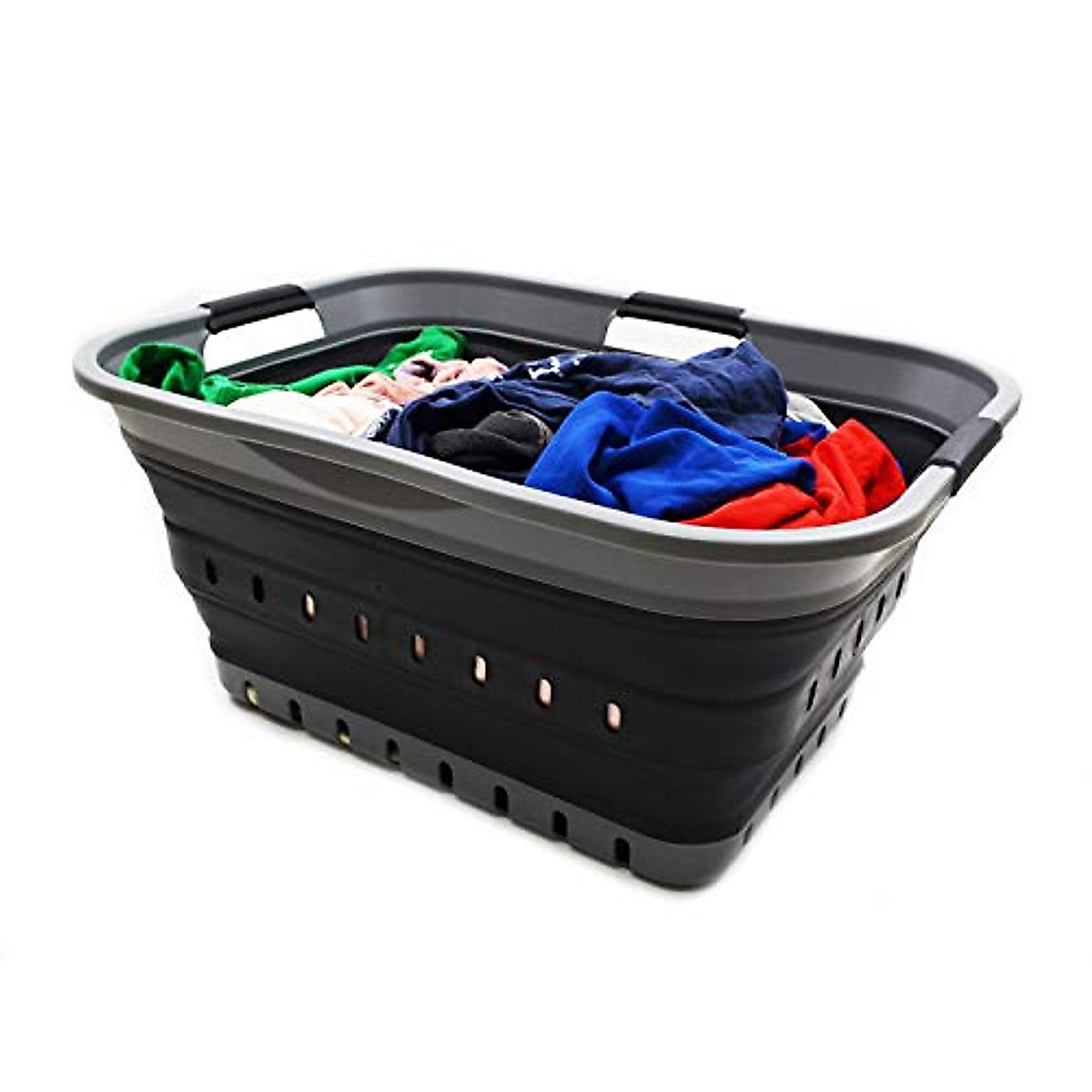 SAMMART 42L Collapsible Plastic Laundry Basket - Foldable Pop Up Storage Container/Organizer - Portable Washing Tub - Space Saving Hamper/Basket (1, Grey/Black)
