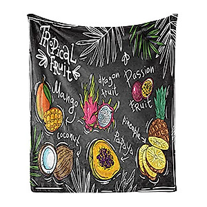 Ambesonne Fruit Throw Blanket, Hand Drawn Mango Dragon Fruit Papaya Coconut and Pineapple Sketch Tropical Blackboard, Flannel Fleece Accent Piece Soft Couch Cover for Adults, 70" x 90", Multicolor