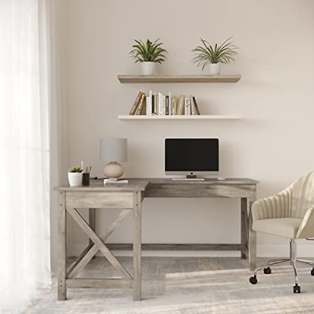 Lavish Home L-Shaped Computer Desk, Gray, Grey Woodgrain Finish
