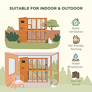 PawHut Outdoor Catio, Cat House Wooden Feral Cat Shelter, Cat Cage with Platforms, Waterproof Asphalt Roof, Ramps, 77" L, Natural