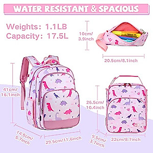 VASCHY Kids School Backpack Lunch Box Bag Pencil Case Combo, Children BookBag Schoolbag Set for Preschool/Kindergarten/Elementry School Supplies Boys Girls Pink Dinosaurs