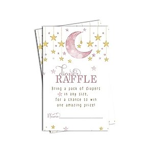 Twinkle Little Star Diaper Raffle Tickets, Celestial Baby Shower Games for Prizes, Pink and Gold Baby Shower Diaper Raffle Invitation Insert Cards, 50 Pack