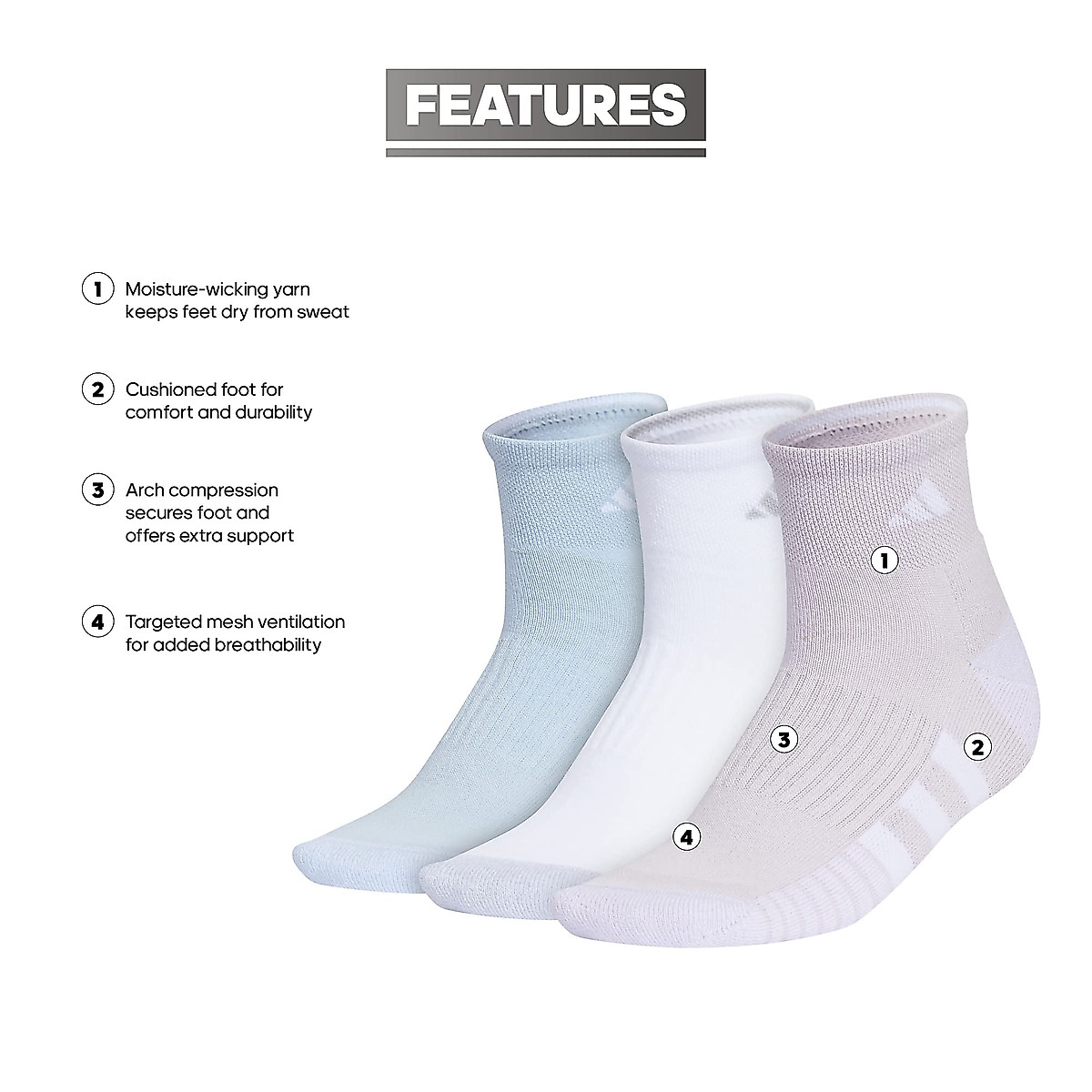 adidas Women's Cushioned Quarter Socks (3-Pair) with Arch Compression, Silver Dawn Grey/White/Wonder Blue, Medium