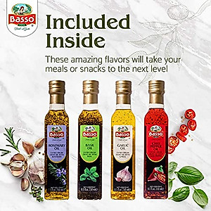 Basso, Garlic, Rosemary, Basil, Chili Pepper, 4 bottles x 8.5 fl.oz (250ml), Naturally Infused Flavored Extra Virgin Olive Oil for Dipping & Tasting, 4 pk Gift Set (Gift Box Included), All Natural, Great Corporate Gift,