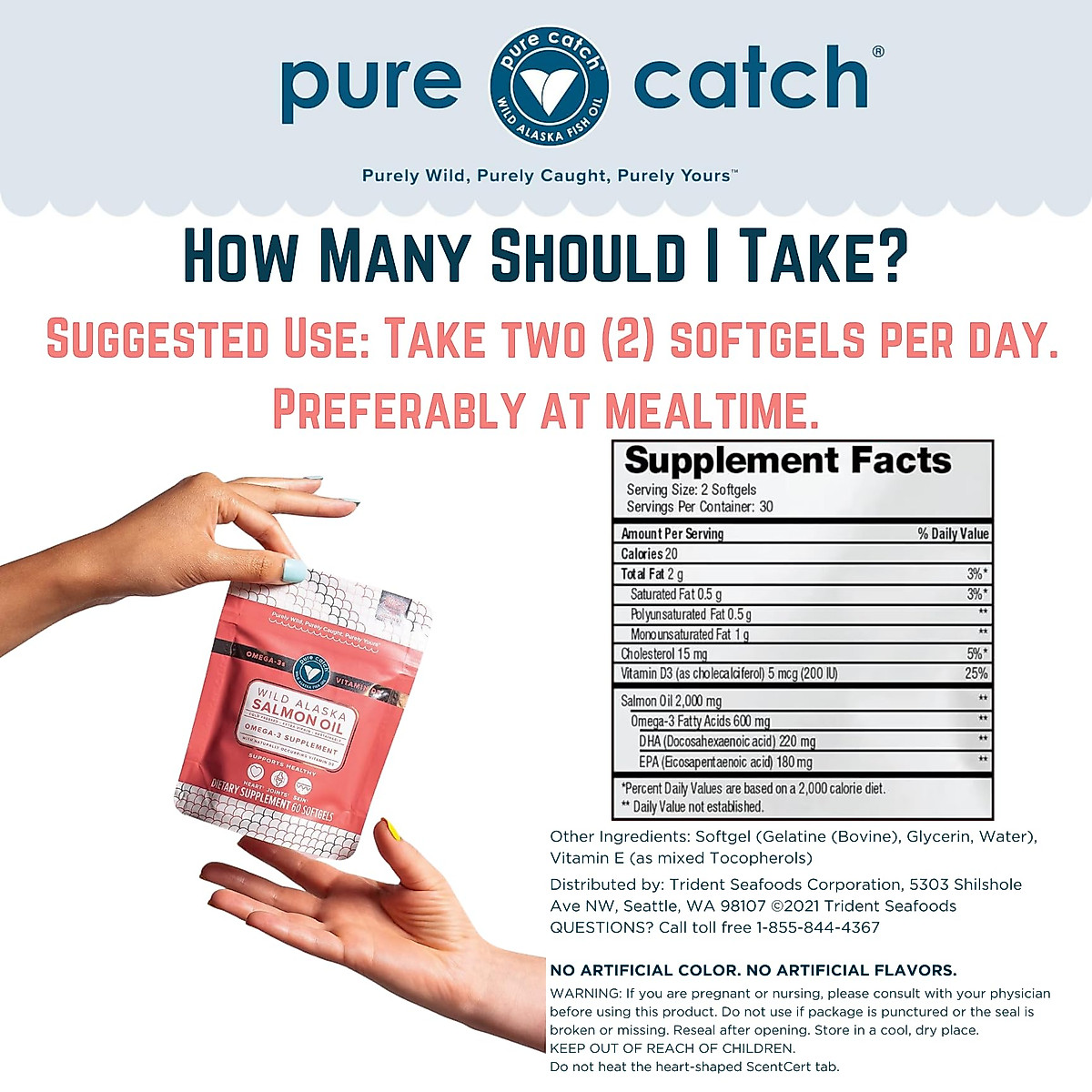 Trident Seafoods Pure Catch Wild Alaskan Fish Oil for Women + Vitamin D3 - Omega-3 Salmon Fish Oil Supplement - EPA and DHA - 60 Count Daily Citrus Soft Gel - Joint Support, Skin, and Heart Health