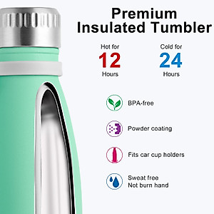 koodee Water Bottle 17 oz Stainless Steel Double Wall Vacuum Insulated Sports Water Bottle Leak-Proof Cola Shape Travel Water Flask (Aquamarine Blue)