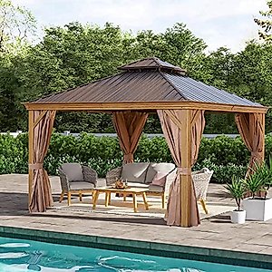DHHU Outdoor Gazebo, 12' X 12' Patio Gazebo with Galvanized Steel Double Roof & Aluminum Frame, Hardtop Gazebo with Netting and Curtains,Patio Gazebo Pergola Pavilion for Gardens, Backyard Deck