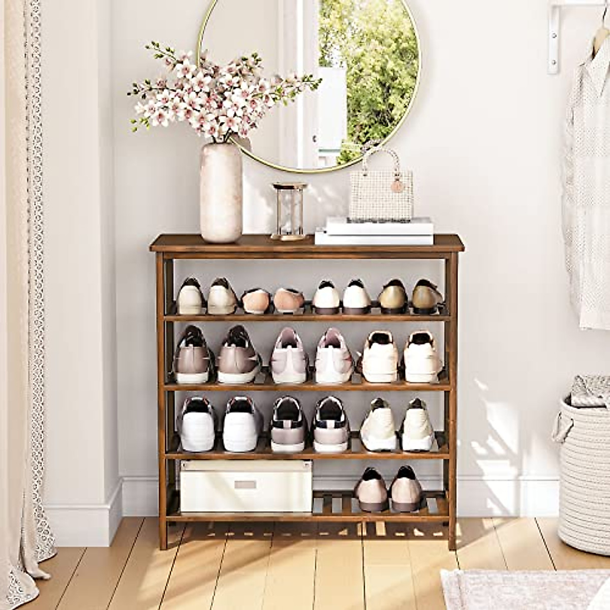 HOOBRO Shoe Rack, 5-Tier Shoe Rack for Entryway, 29.5" L x 11.8" W x 31.5" H, Holds 16-20 Pairs of Shoes, Multifunctional Bamboo Shoe Shelf Storage, Stable and Study, for Closet, Mocha MA70XJ01