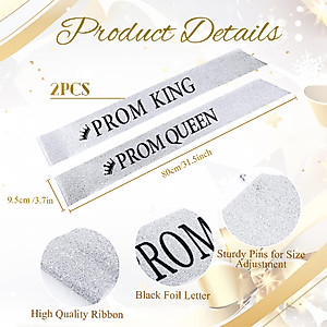 Lyrow 2 Pcs Prom King and Prom Queen Sashes, Graduation Party School Party Accessories Sashes with Print for Bachelorette Party Wedding Bridal Shower Party Supplies(Silver Glitter)
