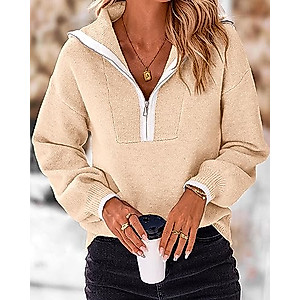 BTFBM Women's 2024 Fall Winter Half Zip Pullover Sweaters Casual V Neck Long Sleeve Ribbed Knit Loose Jumper Tops(Solid Beige, Large)