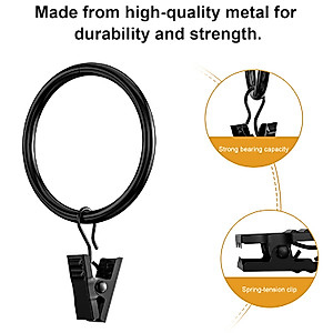 AJulyBee Curtain Rings with Clips, 40 PCS Heavy Duty Shower Curtain Clip for Tension Rods, 1.5 inch Rustproof Curtain Hangers Hook, Set of 40-Black(Interior Diameter 1.5")