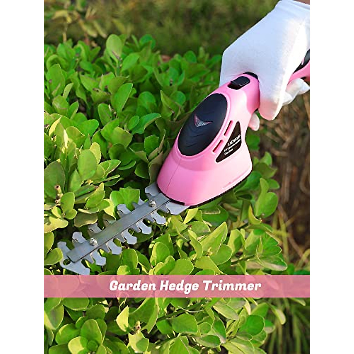Lichamp 2-in-1 Electric Hand Held Grass Shear Pink Hedge Trimmer Shrubbery Clipper Cordless Battery Powered Rechargeable for Garden and Lawn, CGS3602PK Pink