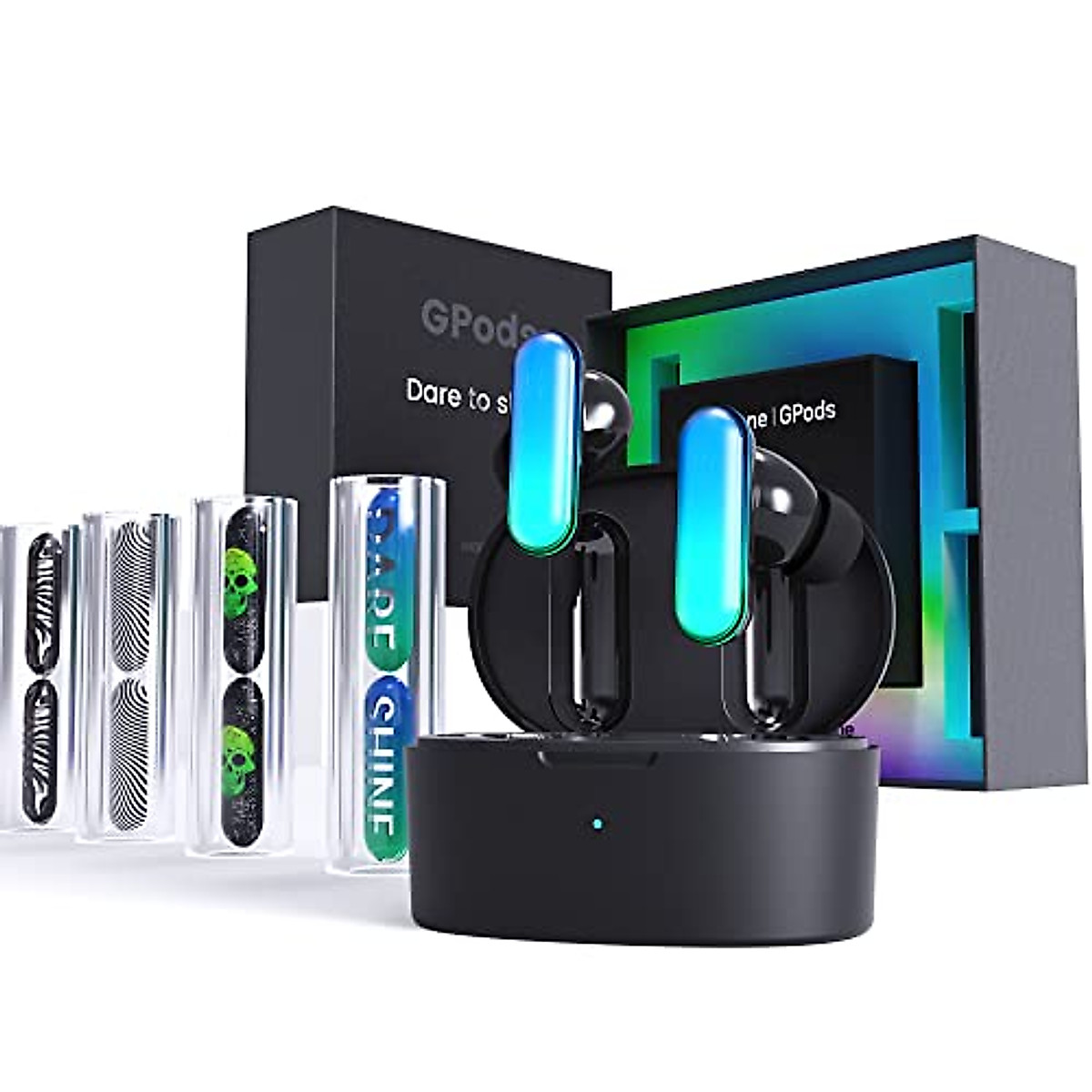 HHOGene GPods Premium Set,Wireless Earbuds with Light Control and 4 Earbuds Shells,Noise Cancelling Bluetooth Earphones with Immersive Sound,Fast Charging Case,Touch Control,Built-in Microphone,Black