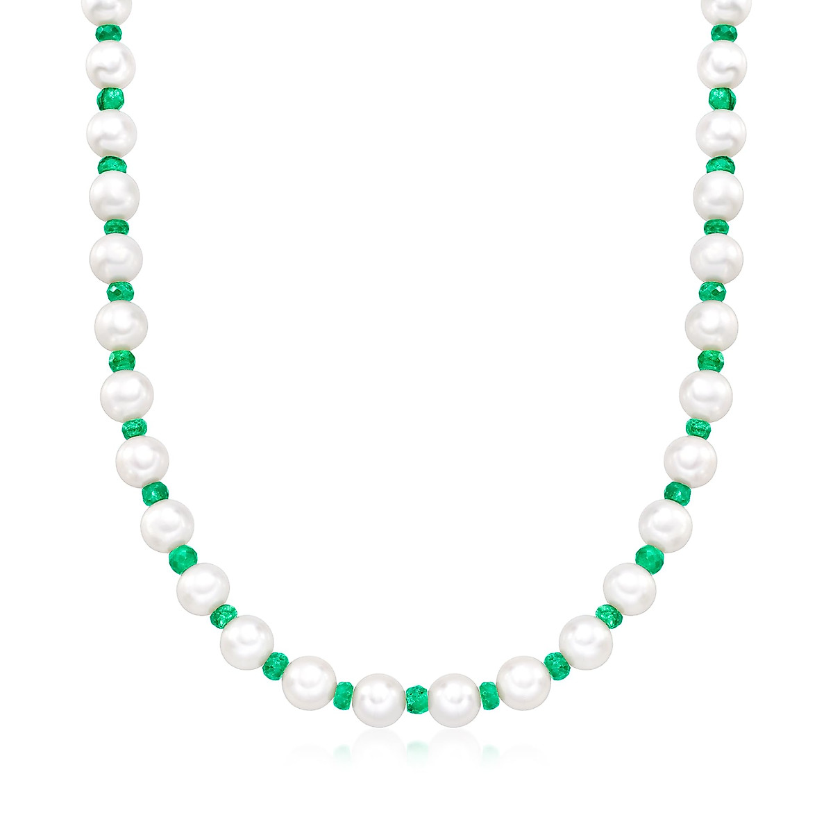 Ross-Simons 8-8.5mm Cultured Pearl and 13.00 ct. t.w. Emerald Bead Necklace With 14kt Yellow Gold. 18 inches