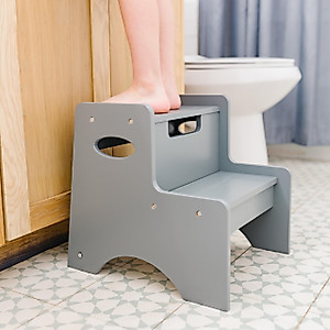 Wildkin Wooden Two-Step Stool for Kids and Adults, Perfect Kitchen Step Stool or Bathroom Potty Stool, Kids Stepping Stool Features Two Convenient Carrying Handles, Ideal for Home Use (Gray)