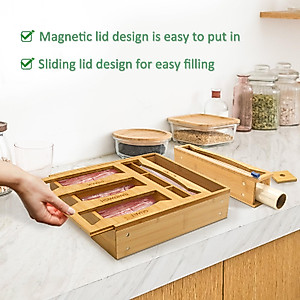6 in 1 Plastic Bag Organizer with mag Foil and Saran Wrap Dispenser With Cutter For Kitchen Drawer- Bamboo Food Storage Organizer Perfect For Plastic Ziploc，Gallon，Quart Variety Size Bags & 12” Rolls