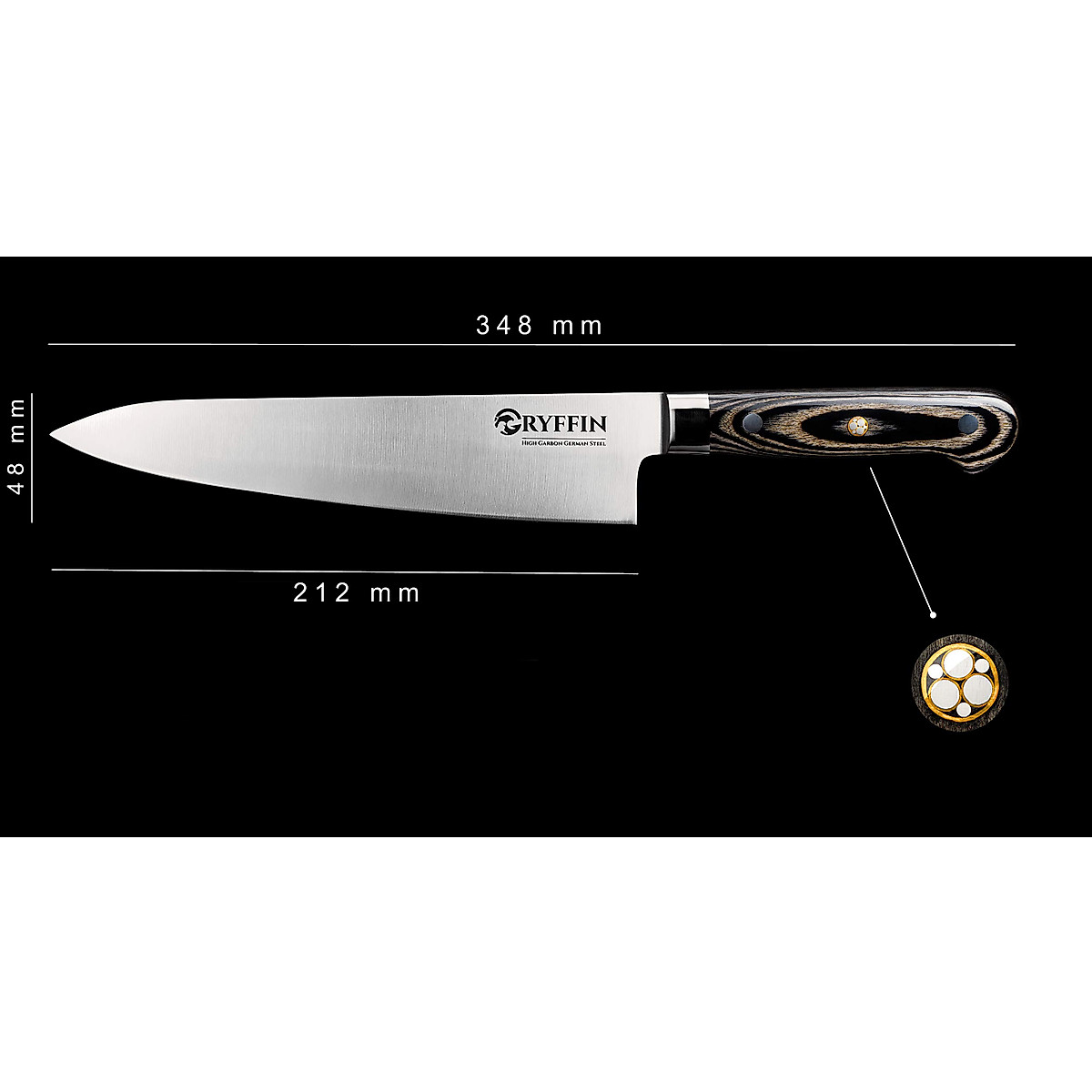 Gryffin Chef Knife 8 inch High Carbon German Steel Full tang for Kitchen with ergonomic pakkawood handle ultra sharp blade edge