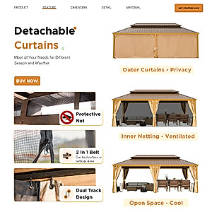 EROMMY 14'x22' Hardtop Gazebo, Galvanized Steel Double Roof with Wood Grain Aluminum Frame, Outdoor Gazebo with Curtains and Nettings for Patio, Backyard and Deck