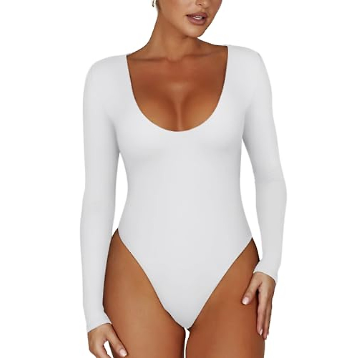 REORIA Women's Fall Fashion Sexy Scoop Neck Long Sleeve Double Lined Basic Leotards Tops Night Out Bodysuits White Plus Size XX-Large