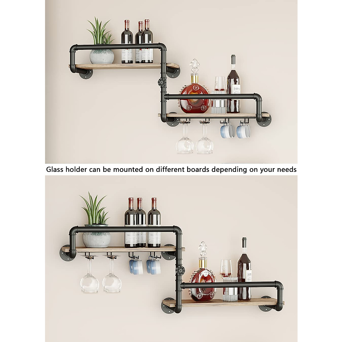 Wine Rack Wall Mounted 2 Tier,43.3" Rustic Wine Bottle Glass Hanging Floating Liquor Bar Shelves with 4 Stem Glass Holder, Industrial Modern Kitchen Dining Room Coffee Bar Black (43.3"Lx17.7"Hx9.3"W)