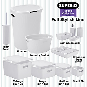 Superio Ribbed Collection - Decorative Plastic Open Home Storage Bins Organizer Baskets, Large White Smoke (1 Pack) Container Boxes for Organizing Closet Shelves Drawer Shelf 15 Liter/16 Quart