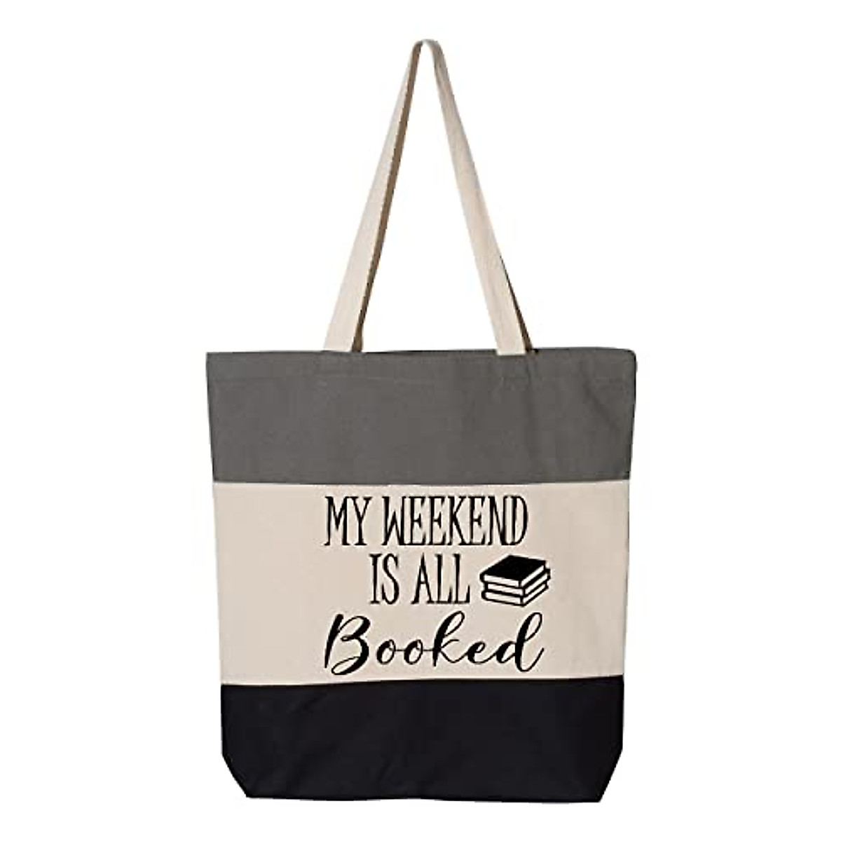 H3GRUP Book Lover Tote Bag Gift My Weekend is all Booked Funny Bibliophile Gift Library Bag Librarian Gift, Gift for Teacher (Tri-Color Grey, 15" L x 15" H x 3" D)