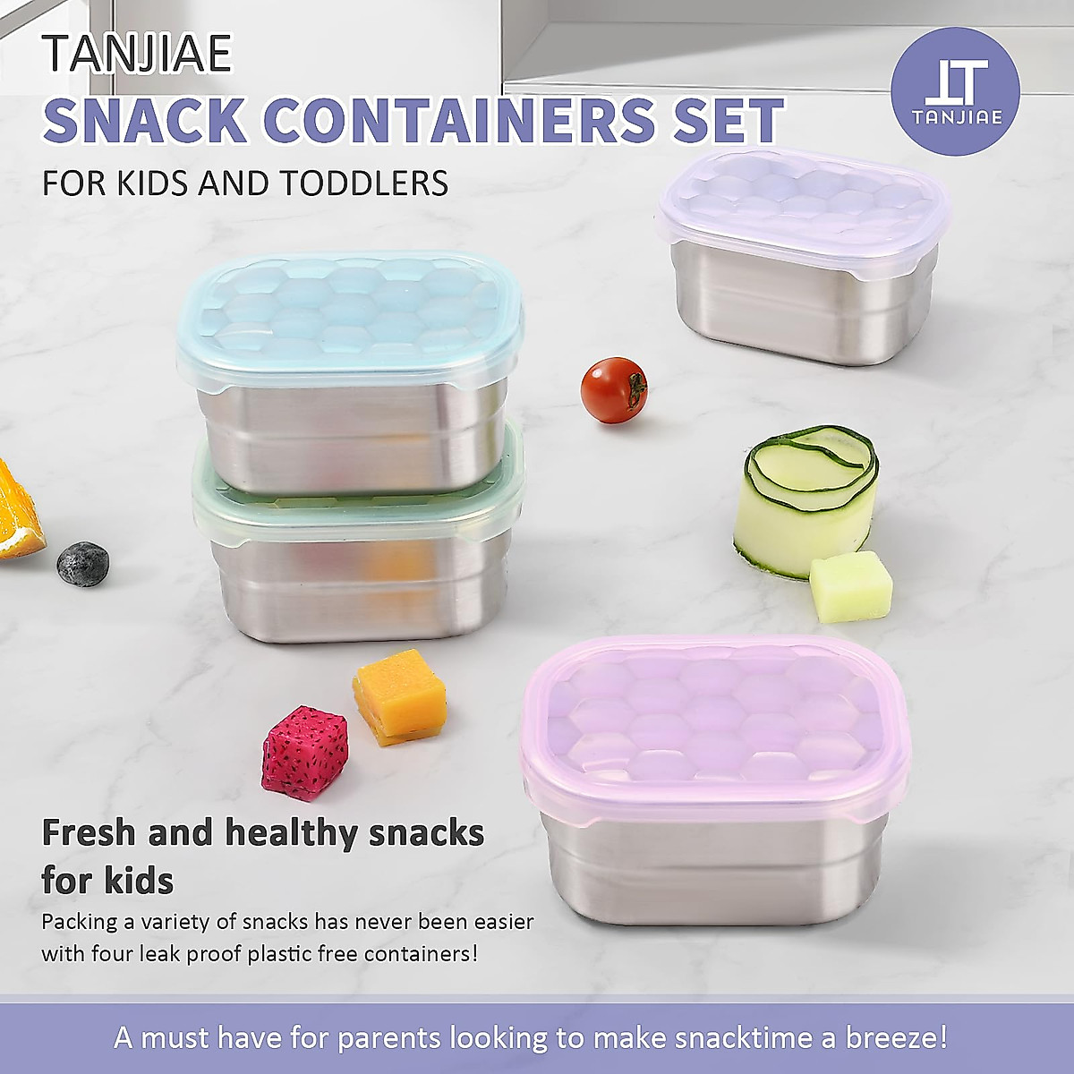 Tanjiae Stainless Steel Snack Containers for Kids and Toddlers | Easy Open Leak Proof Small Food Containers with Silicone Lids - Perfect Metal Lunch Box for Daycare and School (8oz, Set of 4)