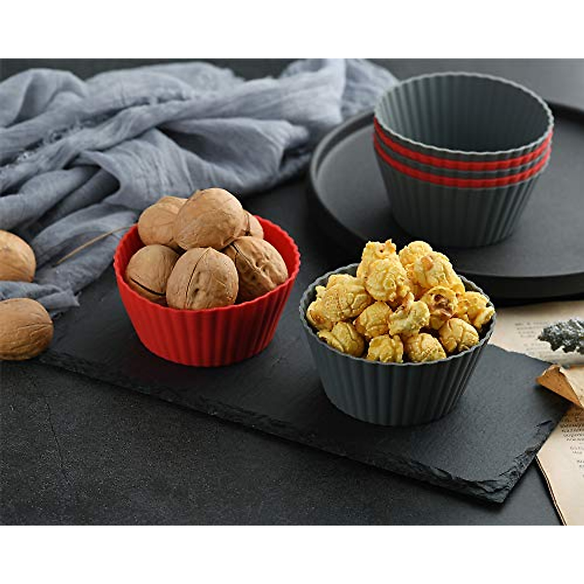 Mirenlife 12 Pack Reusable Nonstick Jumbo Silicone Baking Cups, Cupcake and Muffin Liners, 3.8 Inch Large Size, Red and Gray Colors, Round