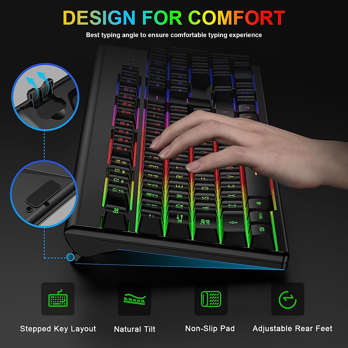 BlueFinger Wireless Gaming Keyboard and Mouse, Rechargeable Rainbow Backlit Wireless Keyboard and Ergonomic Light Up Mouse Combo for Windows, Mac, PC, Laptop