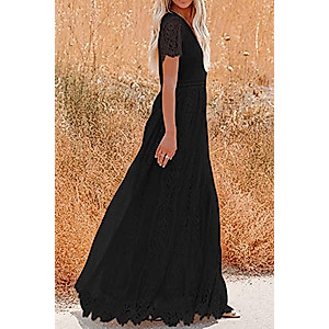 PRETTYGARDEN Women's Floral Lace Maxi Dress 2023 Short Sleeve V Neck Bridesmaid Wedding Evening Party Dresses(Black,X-Large)