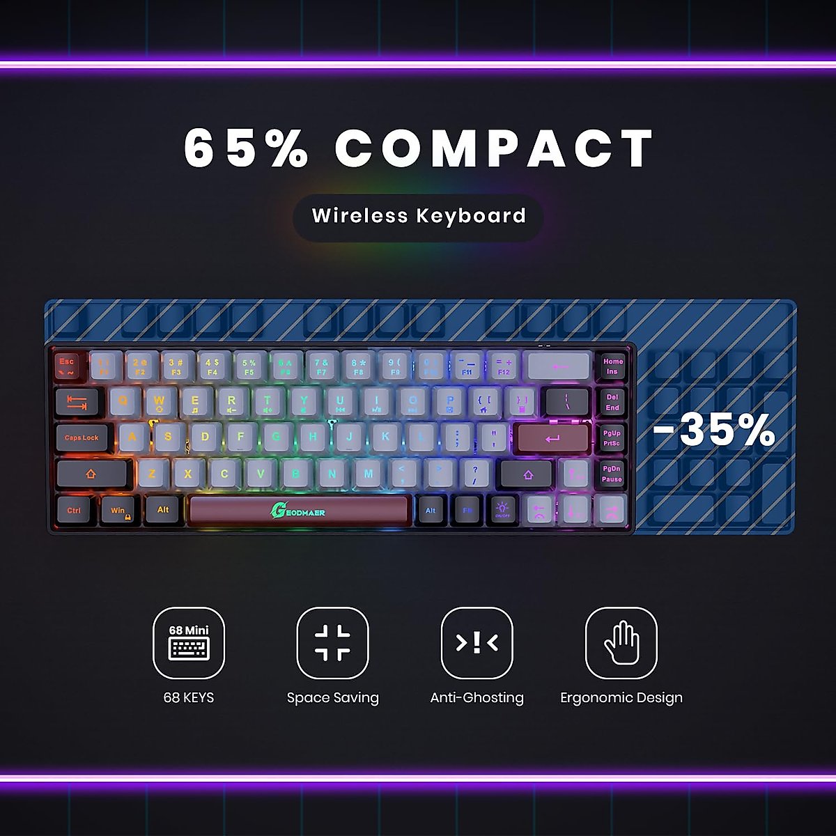 GEODMAER GM68 65% Wireless Gaming Keyboard, Rechargeable RGB Backlit Gaming Keyboard with 14 Backlit Modes, 68 Keys Ultra-Compact Anti-ghosting Keyboard for PC Laptop