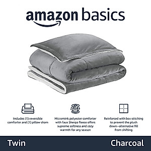 Amazon Basics 3 Piece Bedding Set, Micromink Sherpa, Ultra-Soft, Warm All Season Comforter, Twin, Charcoal, Solid