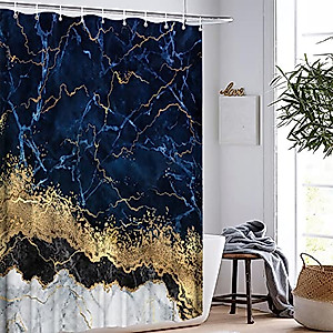 Lavsils 4 Pcs Navy Blue Marble Bathroom Set, Shower Curtain Set with Rugs and Accessories,Gold 72x72 Inch Fabric,Shower Curtain for Modern Bathroom Décor