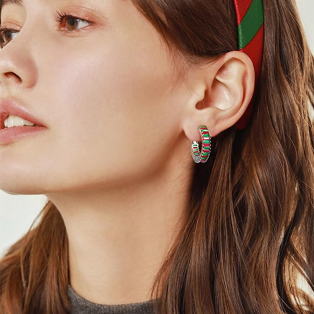 GLOQUAT Red and Green Hoop Earrings 14K White Gold Plated Red and Gold Hoops for Women 925 Silver Post Colorful CZ Gold Round Circle Hoops for Women Trendy Jewelry 25mm