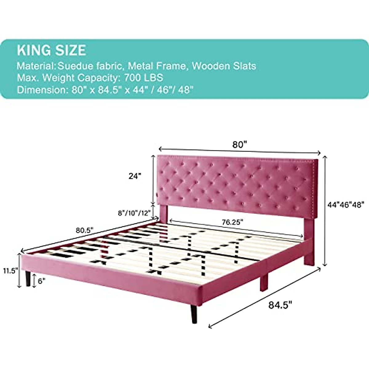 King Upholstered Platform Bed Frame with 48" Tall Adjustable Headboard - Button Tufted Suede Velour Bed- Wood Slat Support with Storage Space - No Box Spring Needed - Pink - OLIVER & SMITH - Princeton