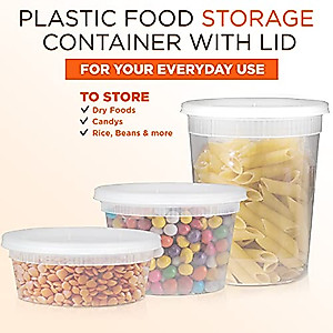 [36 Pack, 3 Sizes] Food Storage Containers with Lids, Round Plastic Deli Cups, US Made, Assorted 8 16 32 oz Cup Pint Quart, Leak Proof Airtight, Microwave & Dishwasher Safe, Stackable, Reusable, White
