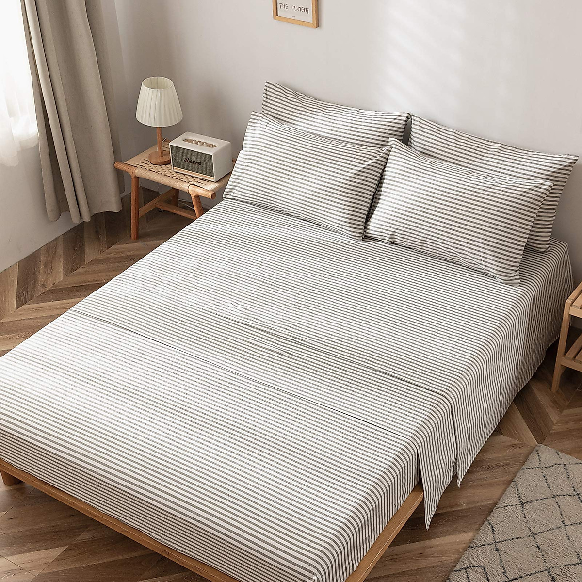 JELLYMONI 4-Piece Striped Cotton Sheet Set | Ultra-Soft, Brushed Bedding Sheets & Pillowcases | Wrinkle Free, Comfortable, All-Season Bed Sheets(Grey,Queen)