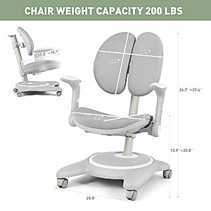 COSVALVE Adjustable Comfy Study Chair for Ages 5-15 Years Old, Reading Chair for Bedroom with Height and Depth Adjustable, Foldable Armrest, Auto Sit-Locking Wheels, for Girls Boys (Grey)