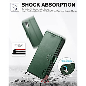 TUCCH Case Wallet for iPhone XR, Stand PU Leather Folio RFID Blocking Credit Card Slot [Wireless Charging] Flip Phone Cover TPU Shockproof Interior Case Compatible with iPhone XR 6.1, Midnight Green