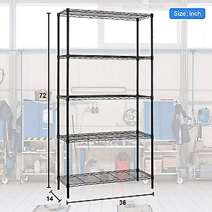 Black 5 Shelf Wire Shelving Unit, Garage NSF Metal Shelf Organizer Large Storage Shelves Heavy Duty Height Adjustable Utility Commercial Grade Steel Layer Shelf Rack (1250 LBS Capacity) - 72x36x14