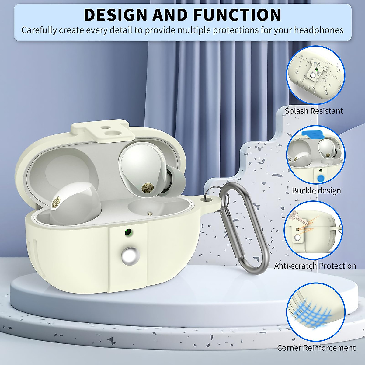 Secure Lock Case for Sony WF-1000XM5 Earbuds(2023), WOFRO Shockproof Anti-Scratch Silicone Protective Cover Skin Designed for Sony WF1000XM5 Sony XM5 Wireless Earbuds with Lanyard&Keychain (White)