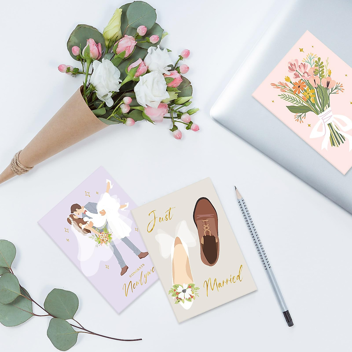 MotiMind 12 Styles Wedding Cards for The Bride and Groom with Envelopes 5”x7” Wedding Congratulations Card Assorted Greeting Cards for Bridal Shower, Engagement