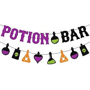 JOZON Glittery Potion Bar Banner with Potion Signs Halloween Hocus Pocus Witches Garland Banner Halloween Holiday Haunted House Party Decorations for Bar Mantle Fireplace Wall Party Supplies