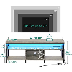 YITAHOME LED Television Stands w/Power Outlets for 70/65 inch, Modern Industrial TV Stand, Entertainment Center w/Open Storage TV Table, Entertainment Center for 360lbs for Living Room, Gray