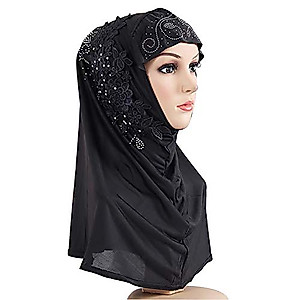 Suillty Women One Piece Muslim Hijab Lace Applique Long Turban Islamic Full Head Scarf Shawls with Rhinestone (Black)