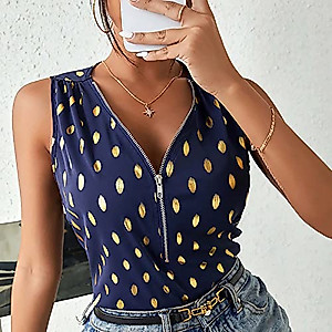 Tank Top for Women Zipper Tank Tops for Women V Neck Dressy Tunic Tops Dots Shirt Fashion Summer Outfits Casual Blouses Trendy Business Casual Outfits for Women Navy