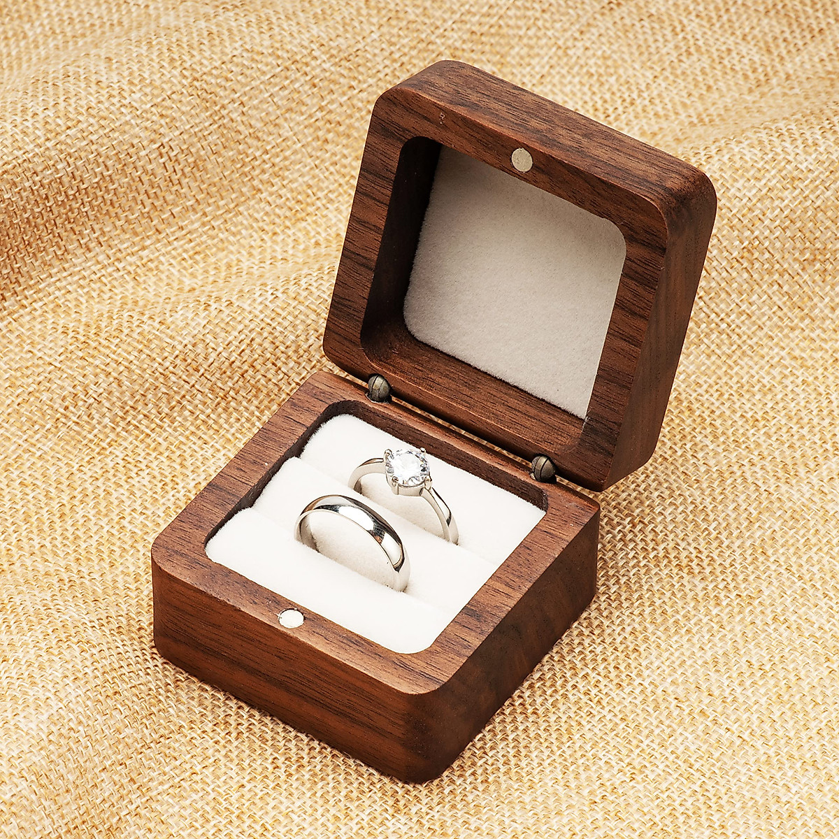 COSISO Square Solid Wood Double Ring Box Case for Wedding Ceremony Engagement Proposal,Wooden Ring Holder for 2 Rings (Beige Inner)