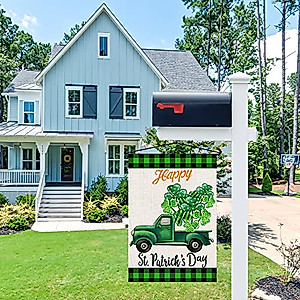 Happy St. Patrick's Day Burlap Garden Flags 12x18 Inch Double Sided, Green Truck Lucky Shamrock Sign Small Farmhouse Yard Outdoor Decorations DF191